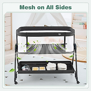BABY JOY Bassinet Bedside Sleeper, Easy Folding Baby Crib w/All-Side Mesh, Storage Shelf, 7 Adjustable Heights, Mattress & Travel Bag for Safe Co-Sleeping, Portable Baby Bed for Newborn Infant -Gray
