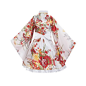 Japanese Anime Women's Dance Kimono Robe Fancy Dress Yukata Silk Folding Fans Tabi Hairstick Socks Set White Large