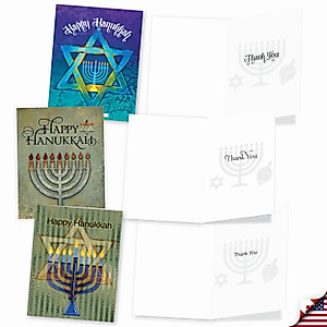 The Best Card Company - 10 Assorted Chanukah Thank You Notecards Bulk Box Set 4 x 5.12 Inch with Envelopes (10 Designs, 1 Each) Jewish Holiday Cards Hanukkah Lights AM6140HYG-B1x10