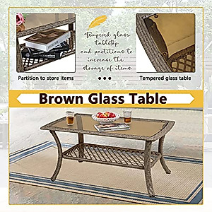 PHIKOOVA 6-Piece Wicker Patio Conversation Furniture Sets w/ 4 Pillows, Orange Outdoor Patio Furniture Set w/Table, All Weather PE Rattan Porch Outdoor Chairs, Brown Wicker/Orange Cushions