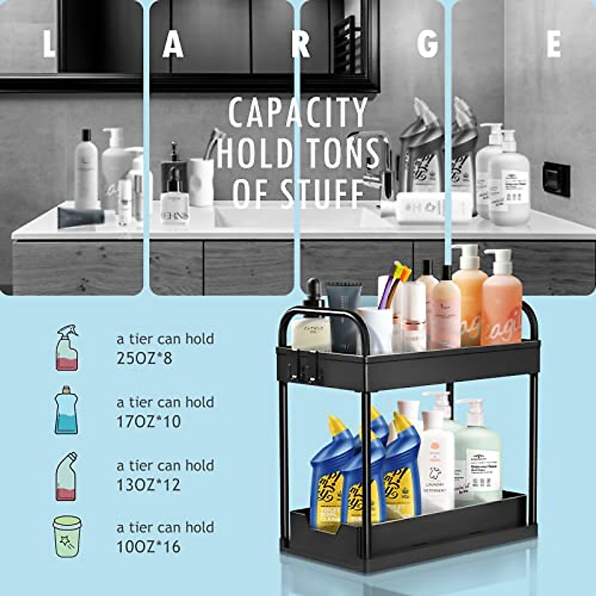 Under Sink Organizers and Storage, Sliding Cabinet Basket Organizer 2 Tier Under Sink Storage Bathroom Trays, Multipurpose Slide Out Bathroom Organizer Countertop, Under Kitchen Bathroom Sink Rack