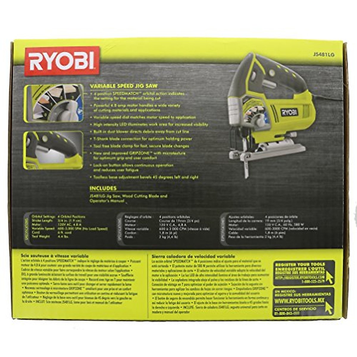 Ryobi JS481LG 4.8 Amp Corded Variable Speed T-Shank Orbital Jig Saw w/ Onboard LED Lighting System