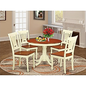 East West Furniture HLPL5-BMK-W 5 Piece Dining Room Furniture Set Includes a Round Kitchen Table with Pedestal and 4 Dining Chairs, 42x42 Inch, Buttermilk & Cherry