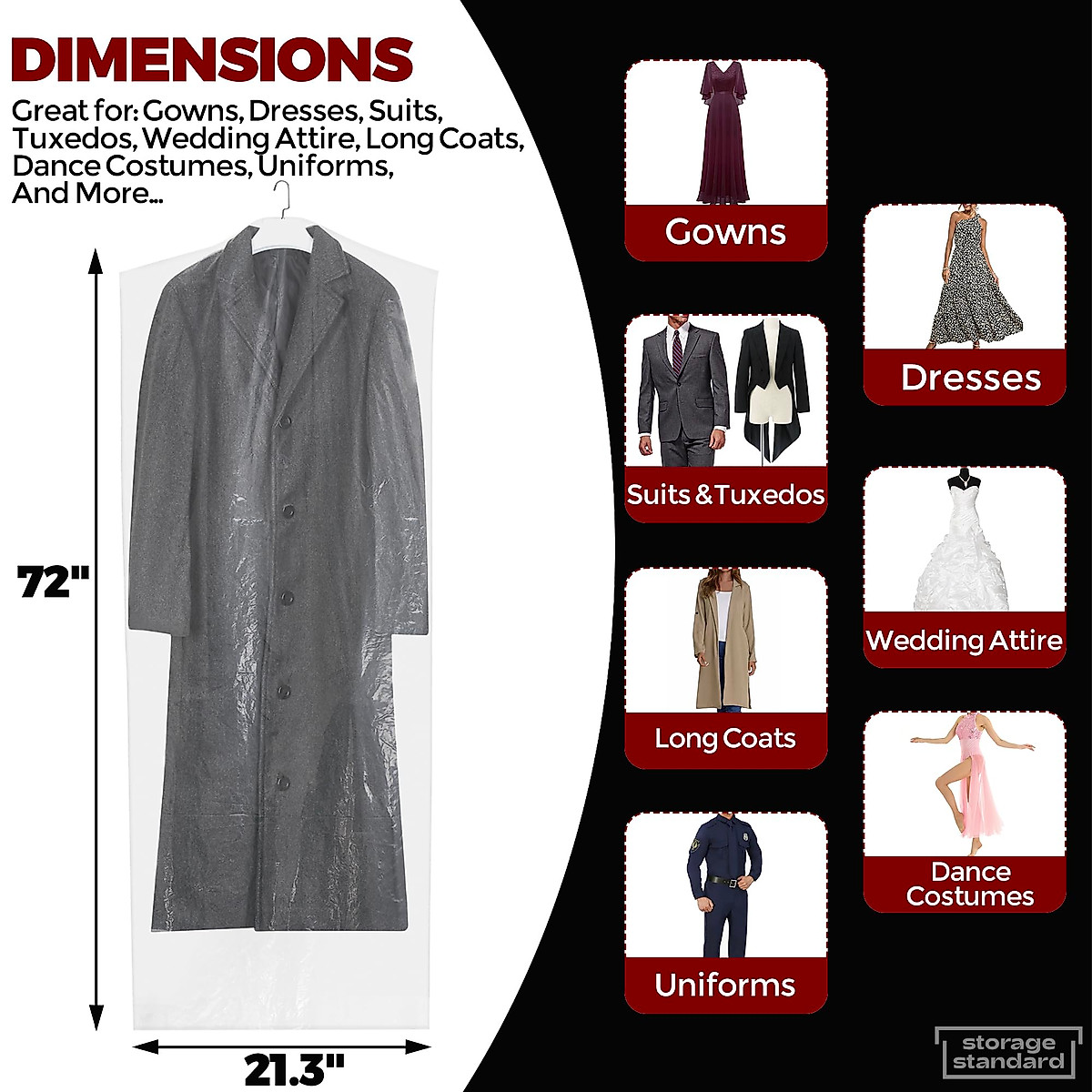 60-Pack Extra Long Dry Cleaning Bags for Clothes 72-Inch Long - Clear Plastic Garment Bags for Hanging Clothes, Dry Cleaner Plastic Clothing Cover for Suits, Gowns, Coat, Dance Costumes & Long Dresses