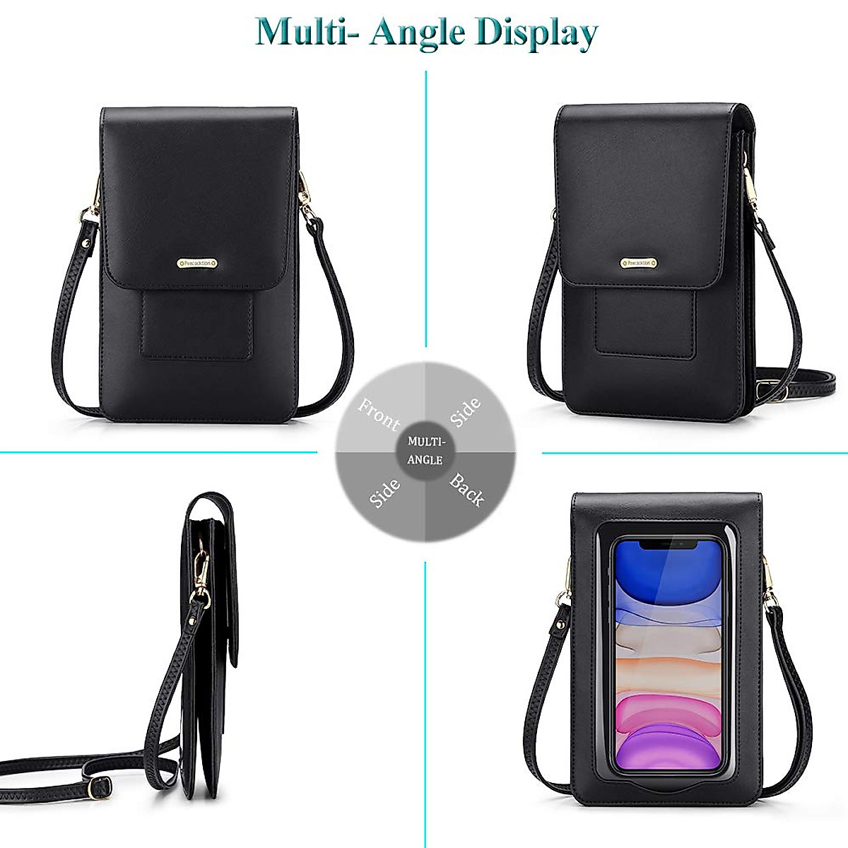 Peacocktion Small Crossbody Cell Phone Purse for Women, Clear Window Touch Screen Wallet Shoulder Bag (Black)