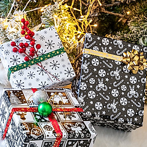 LeZakaa Christmas Wrapping Paper Mini Roll - Bell & Tree/Candy Canes/Snowflakes in Black & White for Gift Wrap, Arts Crafts - 17 x 120 inches - 3 Rolls (42.5 sq.ft.ttl.)