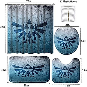 4 Piece The Legend of Shower Curtain Sets with Zelda 12 Hooks,Bathroom Decor Sets,Bath Mat and Toilet Mat Lid Rug Accessories Print,Waterproof(72x72 Inch)