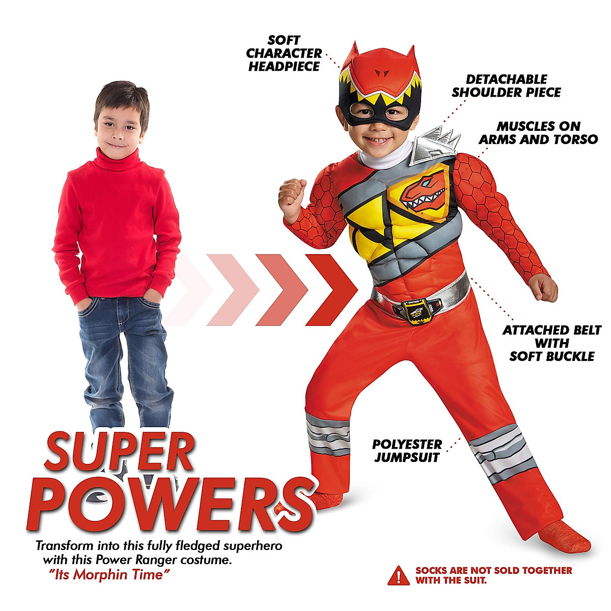 Red Power Rangers Costume for Toddlers. Official Licensed Red Ranger Dino Charge Classic Muscle Power Ranger Suit with Mask for Boys & Girls, Large (4-6)