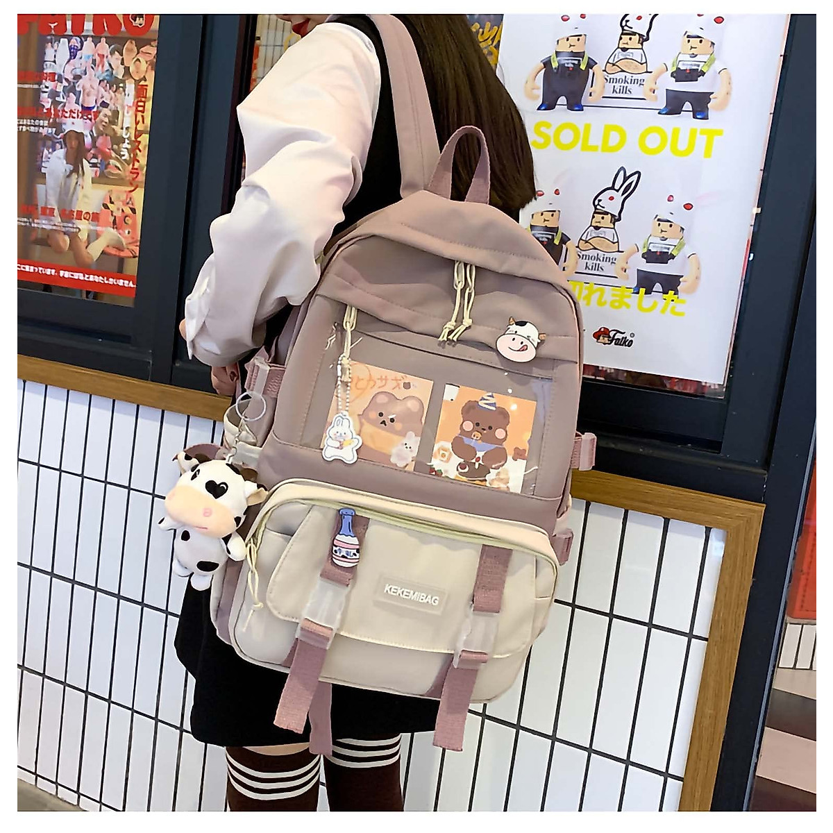 Kawaii Backpack Aesthetic Laptop Bag Large Capacity School Bag 17in Cute Bookbag Backpacks for Girls with Badge&Cute Pendant Pink1