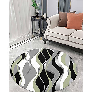 Sage Green Stripes Fluffy Round Area Rug Carpets 4ft, Plush Shaggy Carpet Soft Circular Rugs, Non-Slip Fuzzy Accent Floor Mat for Living Room Bedroom Nursery Decor Modern Geometric Black Grey White