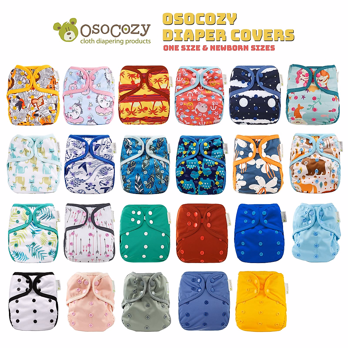 OsoCozy Newborn Reusable Cloth Diaper Covers - Adjustable Snap Fit & Double Leg Gussets for Baby Boys & Girls from 6-12 Pounds. Use with Prefold, Flat or Fitted Cloth Diapers or Snap-in Inserts