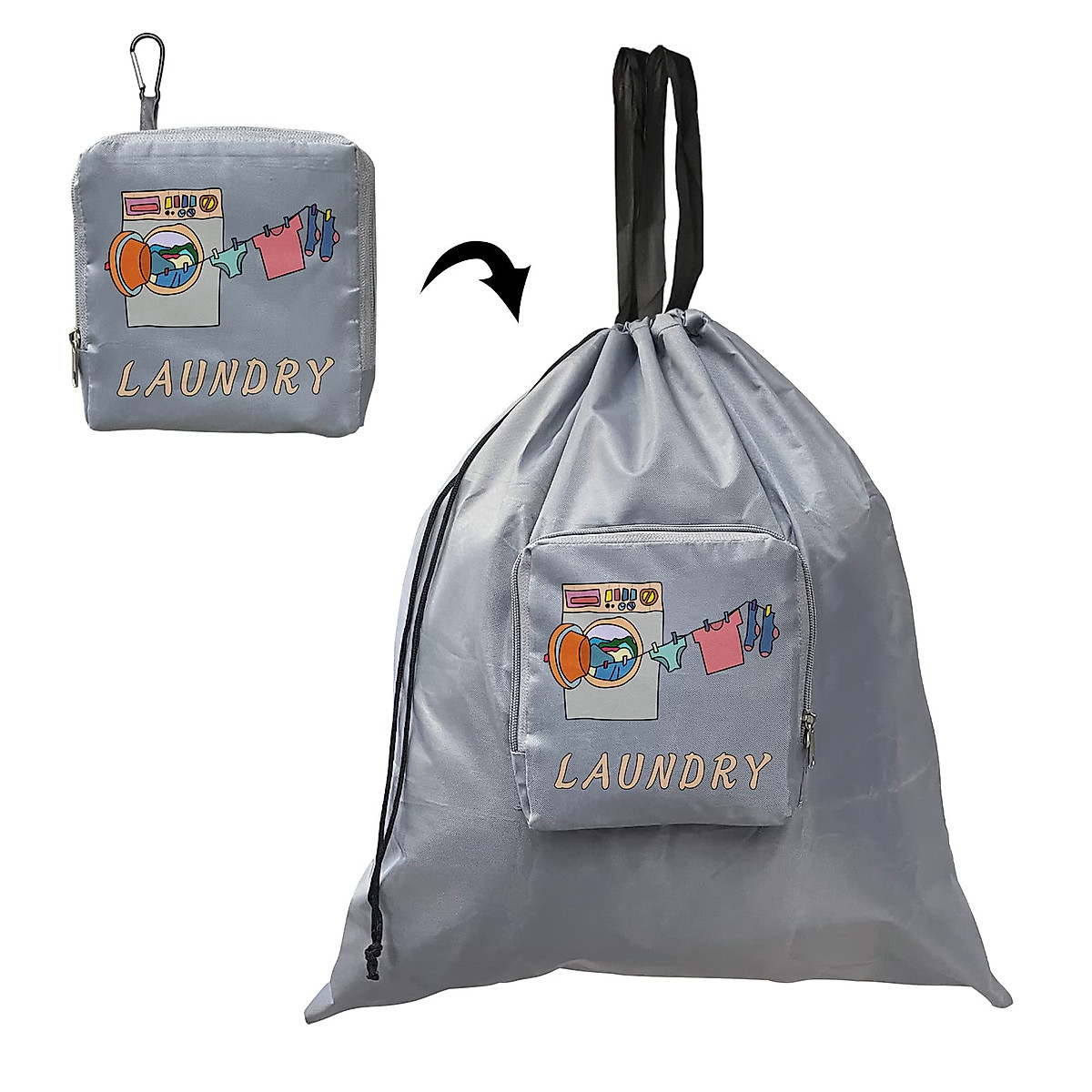 Travel Laundry Bags with Handles and Carabiner, Foldable Dirty Laundry Travel Bag, 24"L X 21"W College Laundry Bag with Drawstring Closure, Lightweight Travel Accessories