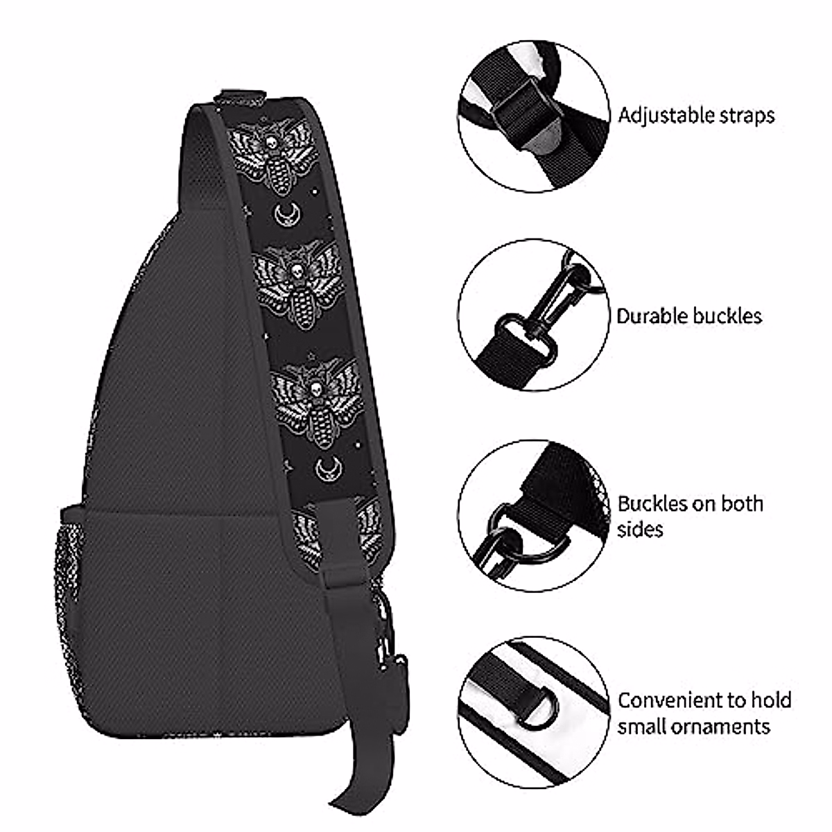 RIMENCH gothic moth skull sun moon black and white Crossbody Sling Backpack Sling Bag Travel Hiking Chest Bag Daypack