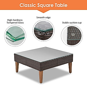 4-Pieces Outdoor PE Wicker Sofa Set with Coffee Table, L-Shape Patio Sofa Set with Colorful Pillows and Solid Wood Legs, All Weather Rattan Waterproof Conversation Seat (Brown+Beige)