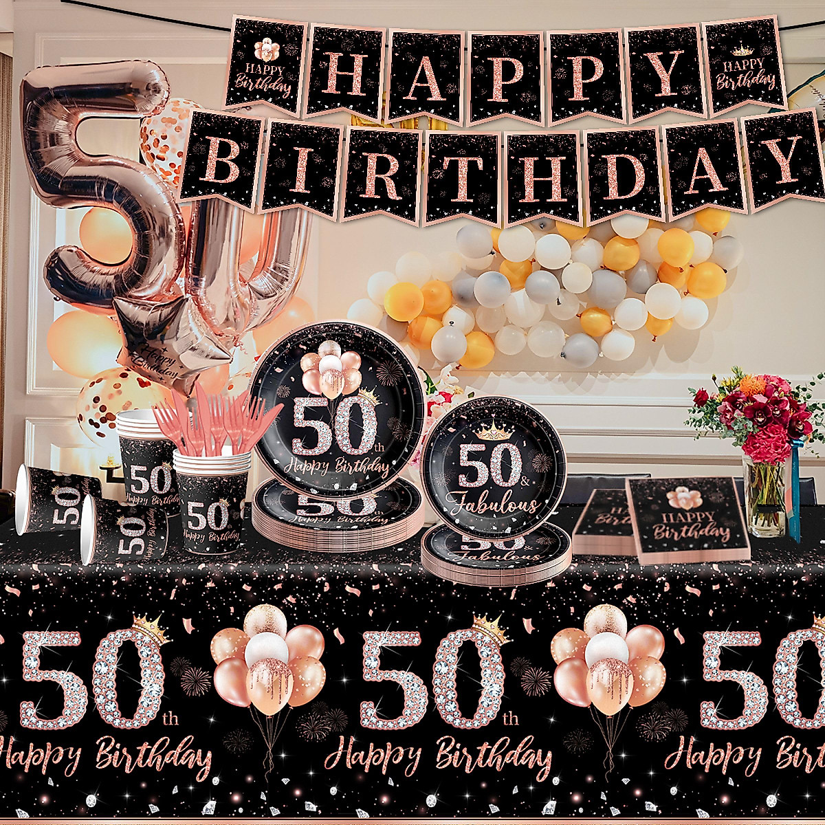 142Pcs 50th Birthday Tableware Decorations for Women Rose Gold Happy 50 Birthday Themed Tableware Set Disposable Tablecloth,Plates,Napkins,Cups,Forks and Knives of 50 Years Old Birthday Party