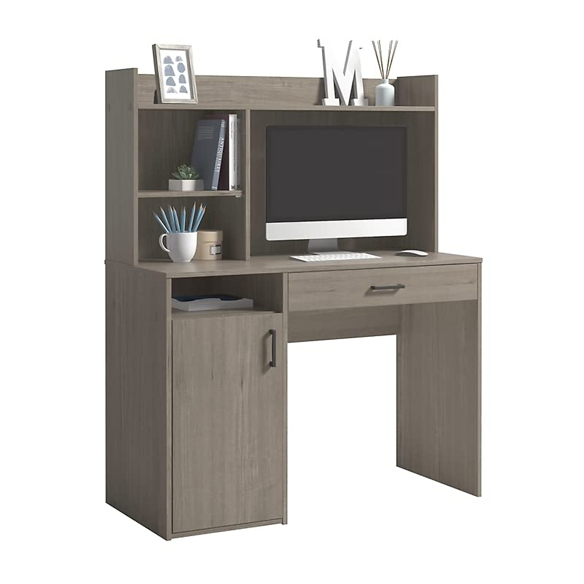 Sauder Beginnings Engineered Wood Desk w/Hutch in Silver Sycamore/Brown Finish