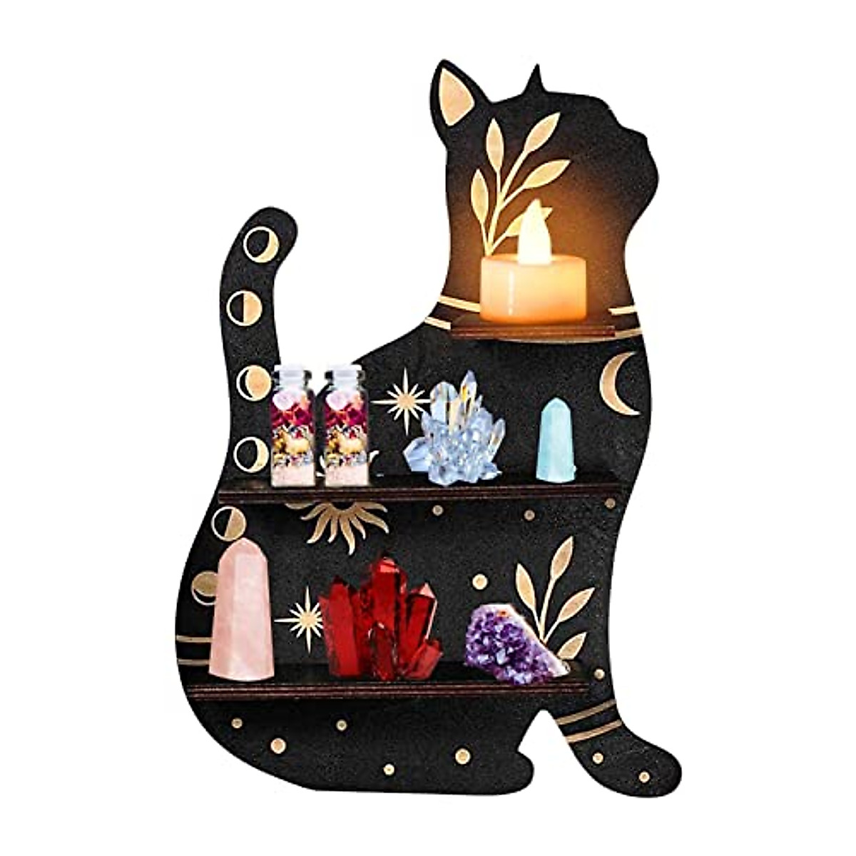 Migno Cat Moon Shelf,Rustic Wooden Black Cat Display Shelf | Wall Mounted Crystal Display Shelf Decorative Crystal Organizer for Living Room Yoga Room