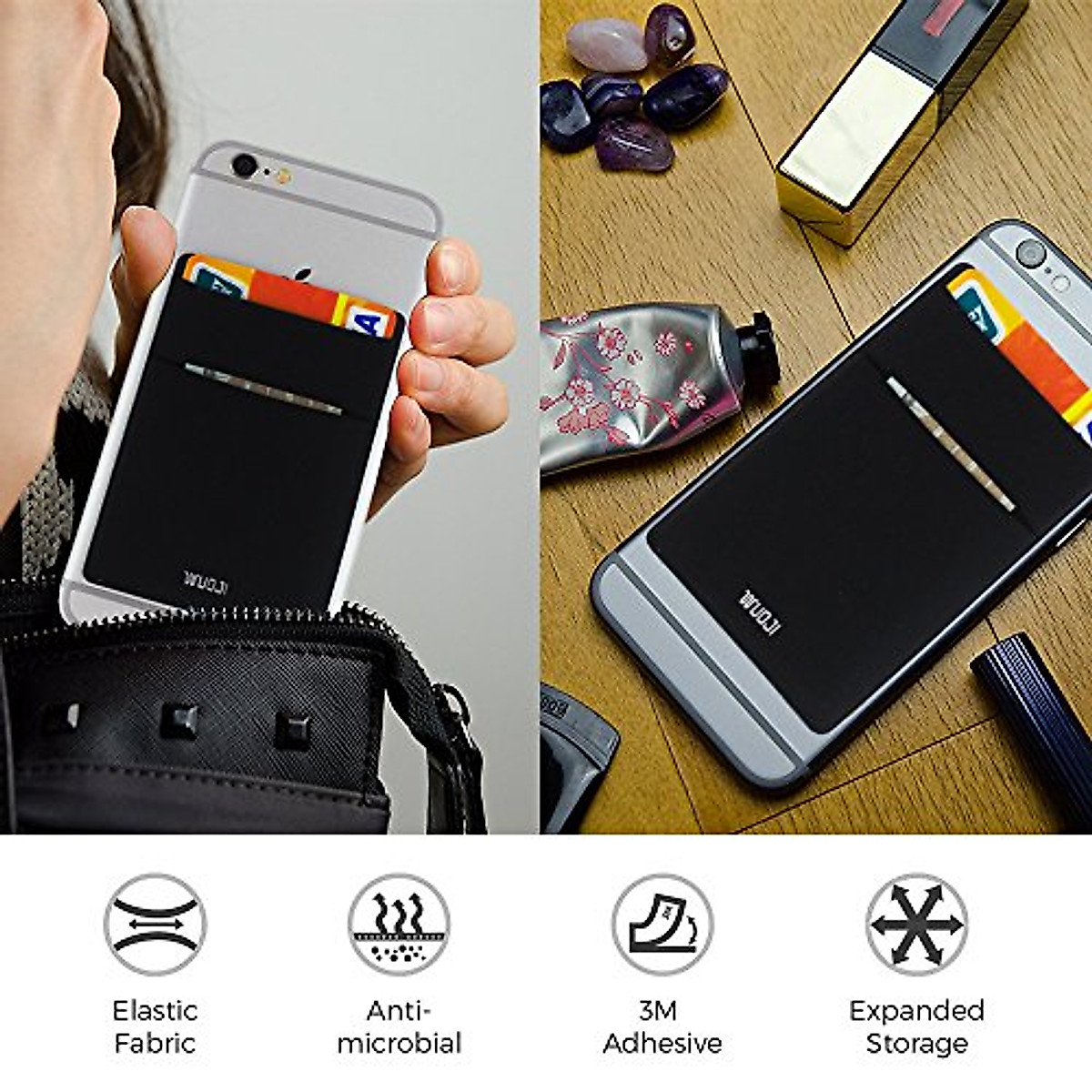 [2pc] 3 in 1 RFID Blocking Metal Plate Phone Card Wallet - Double Secure Pocket - Mounts to Magnets -Self Adhesive Credit Card Holder Phone Wallet Sticker for All Smartphones(Black)