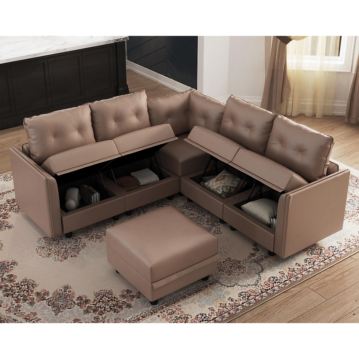 LLappuil Modular Sectional Sofa, Convertible L Shaped Sectional Couch with Storage, Faux Leather Fabric, Modular Sectionals with Chaise, 6 Seats Sofas for Living Room, Cognac Brown