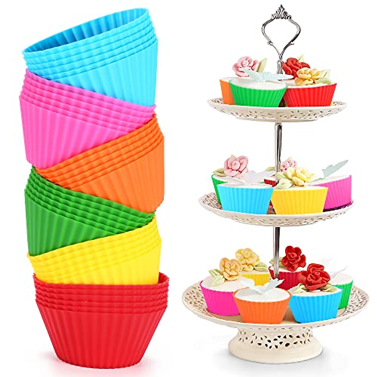 Lingtoolator upcake Liners, Set of 36 Muffin Baking Cups, Nonstick Silicone Muffin Liners, Reusable No Stick Silicone Cupcake Molds, 2.75” Silicone Cupcake Baking Cups, mini Multicolored