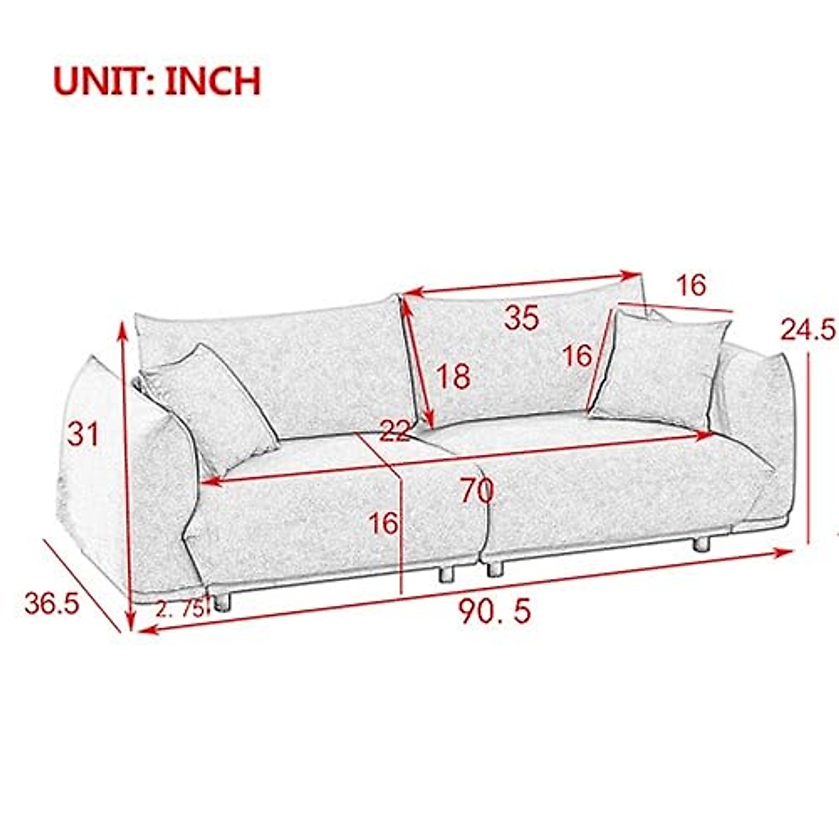 CEOTHA 90.5'' Modern Couch for Living Room Sofa,Solid Wood Frame and Stable Metal Legs, 2 Pillows, for Bedrooms Easy to Assemble Wooden Noise Free Platform Bed Suitable