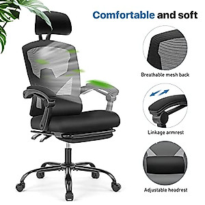 Ergonomic Home Office Chair High Back Executive Desk Chair with Armsrest and Adjustable Headrest, Mesh Computer Chair with Retractable Footrest and Lumbar Support (Black)