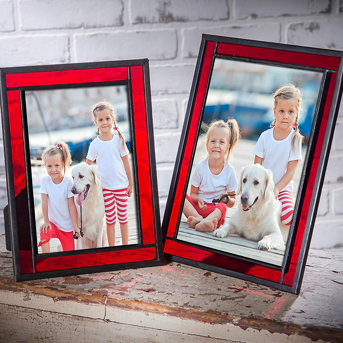 Red Stained Glass Picture Frame for Home Décor, Office, Desk, Table Top 4x6 Photo Horizontal Vertical Easel Back Series J Devlin