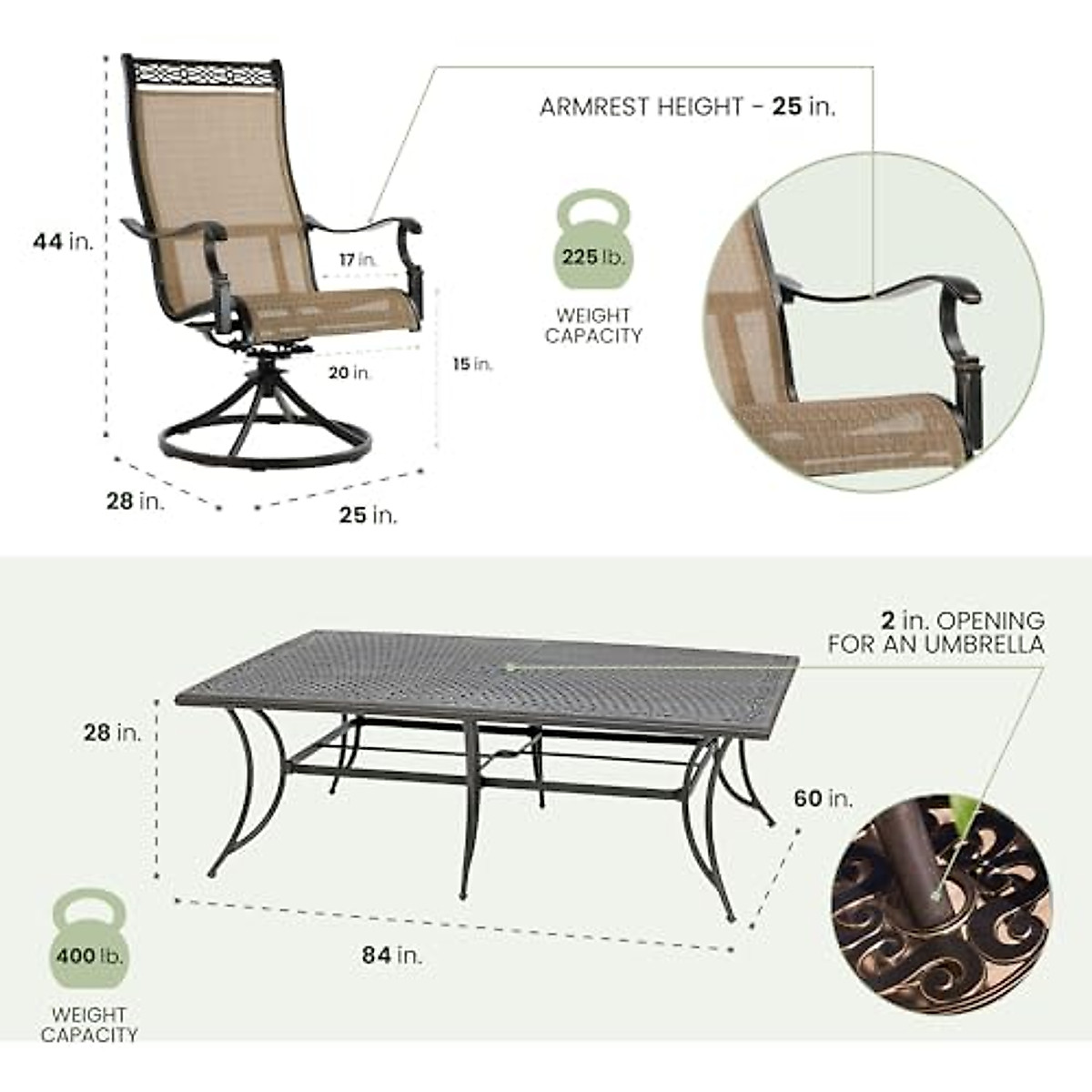 Hanover Manor 11-Piece Outdoor Dining Set with 10 Comfortable Swivel Rockers and an Extra-Large 60" x 84" Aluminum Cast-Top Dining Table, 10 person Patio Table and Chairs for Backyard, Deck, Porch