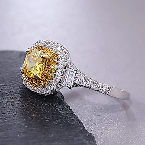 LRGKMCWTOB 925 Sterling Silver Full Diamond Ring Shiny Citrine Ring Square Cut 6CT Canary Yellow Halo Square Cushion Cut CZ Cubic Zirconia Statement Eternity Engagement Wedding Band Ring (Size 7)