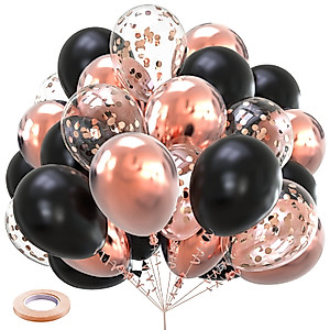 Kelfara Rose Gold and Black Balloons 60Pcs 12 inch Matte Black Rose Gold and Confetti Latex Balloon Bulk for Birthday Party Bridal Shower Wedding Engagement Anniversary Prom Decorations