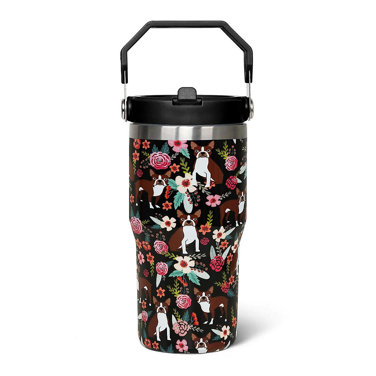 Boston Terrier Tumbler - Vacuum Insulated Double Wall Travel Tumbler - Dog Lovers Gifts for Women - Insulated Coffee Tumblers - Handle and Insulated Flip Straw 20OZ