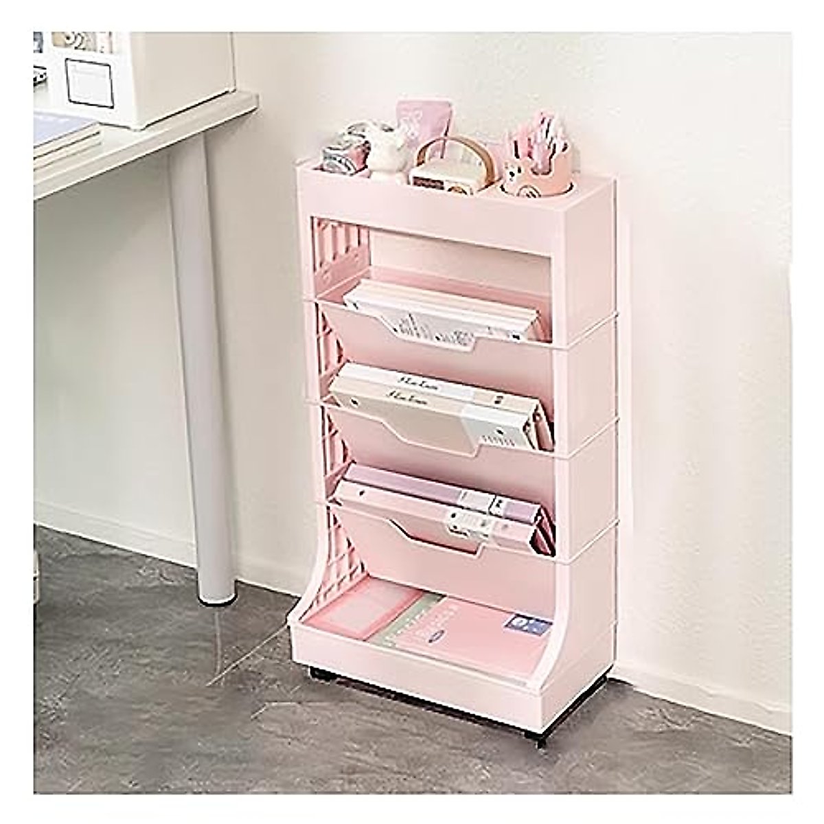 Rolling Book Shelf Organizer Mobile Book Shelf Cart 6 Tier Movable Bookshelf Cart Desk Side Cart for Office Dorm Classroom,Pink,5 Tier