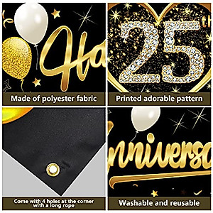 Kauayurk Happy 25th Wedding Anniversary Banner Decorations, Black Gold 25th Anniversary Sign Party Supplies, 25th Wedding Anniversary Decor Photo Booth for Outdoor Indoor