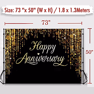 Happy Anniversary Party Decorations Backdrop, Black Gold Glitter Bokeh Dots Wedding Anniversary Party Photo Background Cake Table Banner Extra Large Wall Decor Props (73'' x 50'')
