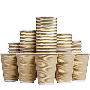 Luckypack Hot Paper Cups_12 oz Disposable Insulated Corrugated Sleeve Ripple Wall Paper Cup for Drink，Hot Coffee Cups （100,12oz Cups） (Brown)