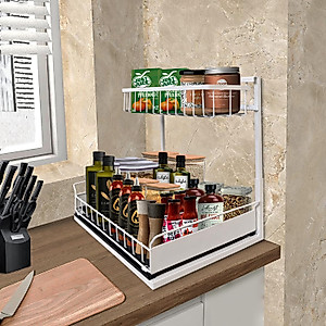 FEROZA Under Sink Organizers and Storage Carbon Steel 2-Tier Slide Out Sliding Shelf, L-Shape Under Cabinet Storage Multi-Functional Under The Sink Organizer Kitchen and Bathroom (1, White)