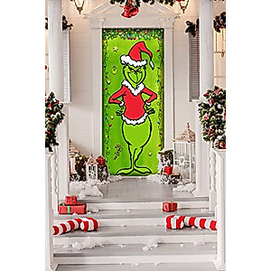 Grinch Christmas Door Cover Decorations Grinch Green Backdrop Merry Christmas Porch Sign for Indoor Outside Front Door Party Supplies