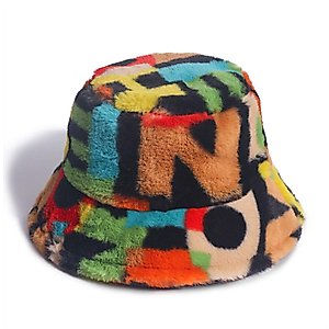 PURFANREE Women's Colorful Letter Print Faux Fur Bucket Hat Warm Fuzzy Fluffy Winter Warmer Fisherman Cap