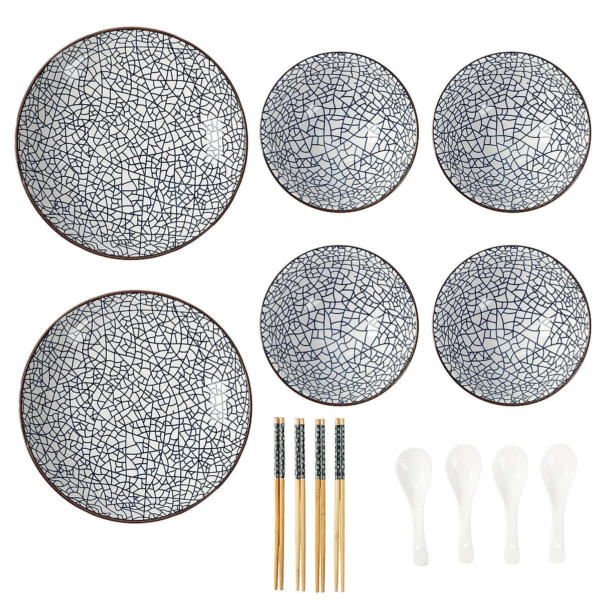 TJ Global 14-Piece Japanese Asian Cuisine Bowl Set with 4 Bowls, 4 Pairs of Chopsticks, 4 Soup Spoons and 2 Deep Plates for Serving Dinner, Rice, Soup, Dessert, Salad, Etc.
