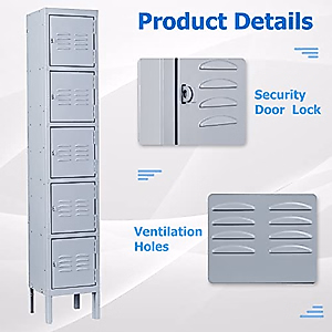 Letaya Metal Lockers, 5 Doors -66" Tall Steel Storage Cabinets Lockable for Employees, School,Gym, Home,Office,Mudroom,Industrial Lockers (Gray)
