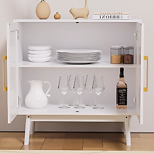 LYNSOM Sideboard Buffet Cabinet with Storage, Kitchen Buffet Cabinet with Rattan Doors and Adjustable Shelf, Small Storage Cabinet with Solid Wood Feetfor Hallway, Entry, Living Room, White