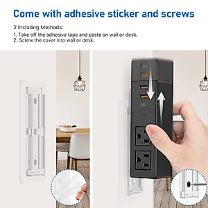 Under Desk Power Strip with PD20W USB-C QC18W USB-A,Ultra Thin Flat Plug Power Strip Surge Protector 1200J,Adhesive or Screw Wall Mount Power Strip,2 Outlets,1 USB-C,2 USB-A,6FT 18AWG Extension Cord
