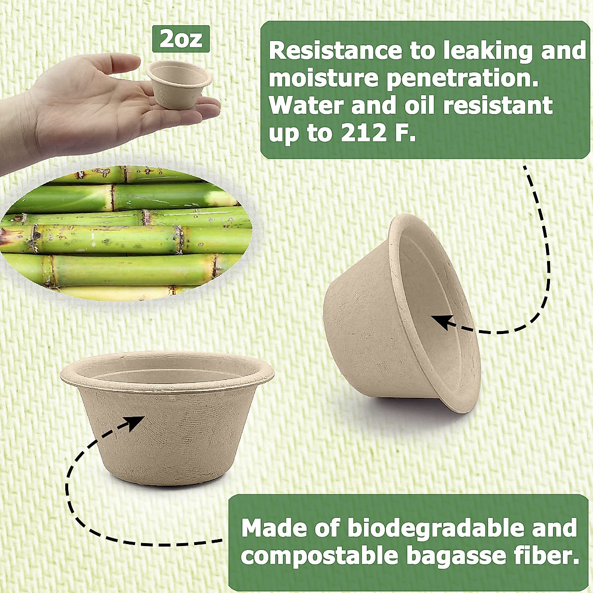 CAMKYDE 2 oz Disposable Bagasse Fiber Souffle Cups 100pk, 100% Natural Biodegradable Compostable Condiment cups Sample Cup Tasting Cups (Natural, Pack of 100)