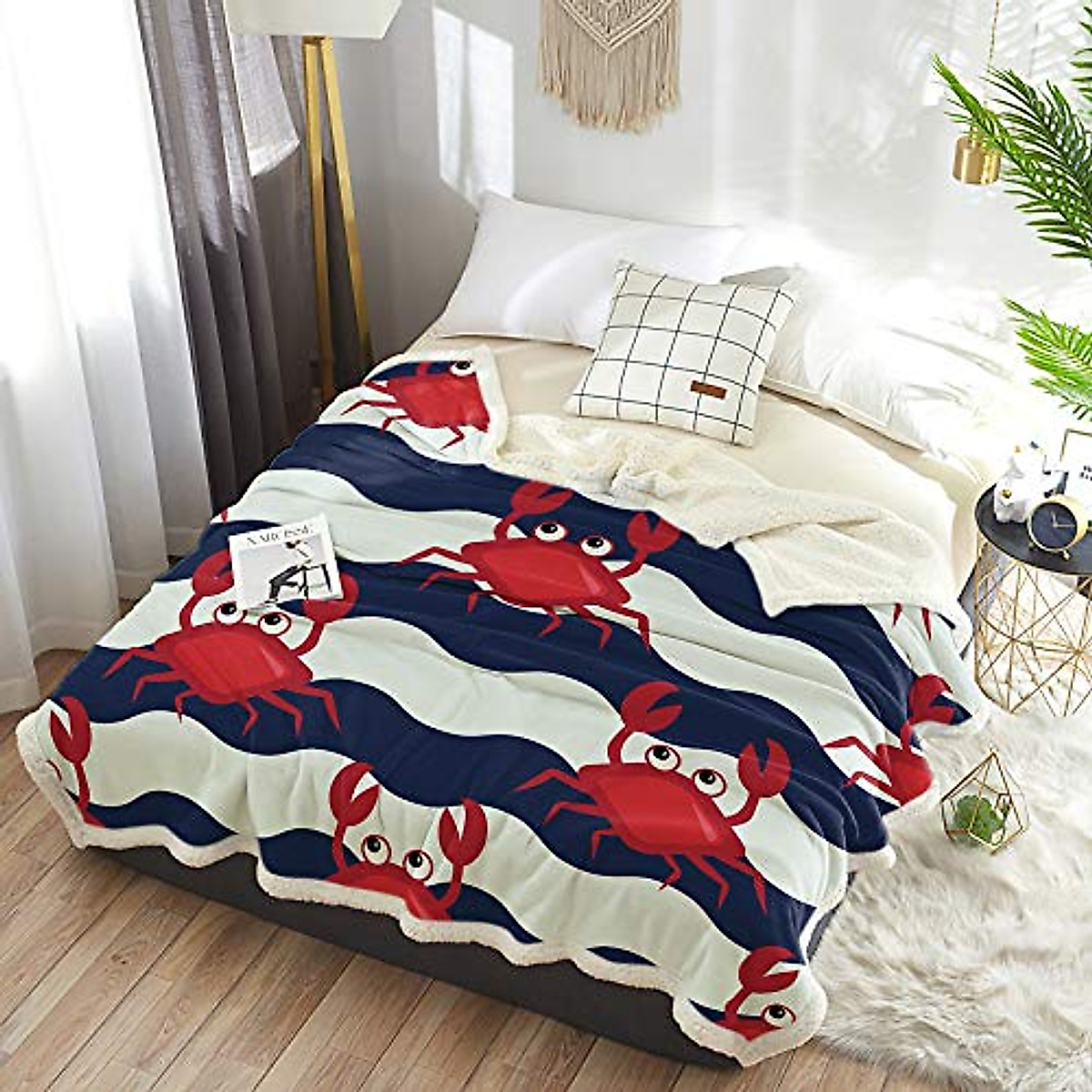 Big buy store Sherpa Flannel Throw Blankets Red Crab Luxury Plush Thick Blanket Reversible Soft Warm Bed Blanket for Couch Sofa Blue Chevron Zig Zag 40 x 50 inch