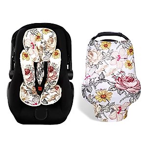 Floral Car Seat Insert,Cushion for Stroller, Swing, Bouncer, 2-in-1 Reversible,Baby Car Seat Cover Girls, Infant Carseat Canopy