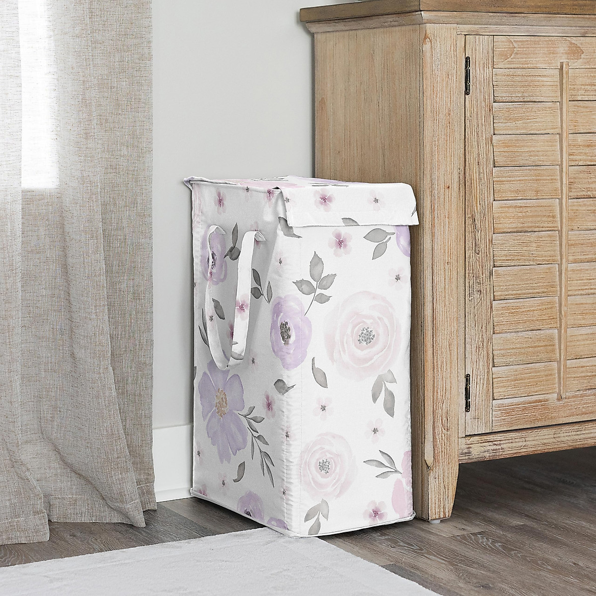 Sweet Jojo Designs Lavender Purple Boho Floral Girl Laundry Hamper Foldable Dirty Clothes Basket with Handles Baby Nursery Kid Bedroom Teen Bathroom Pink Grey Bohemian Farmhouse Shabby Chic Watercolor