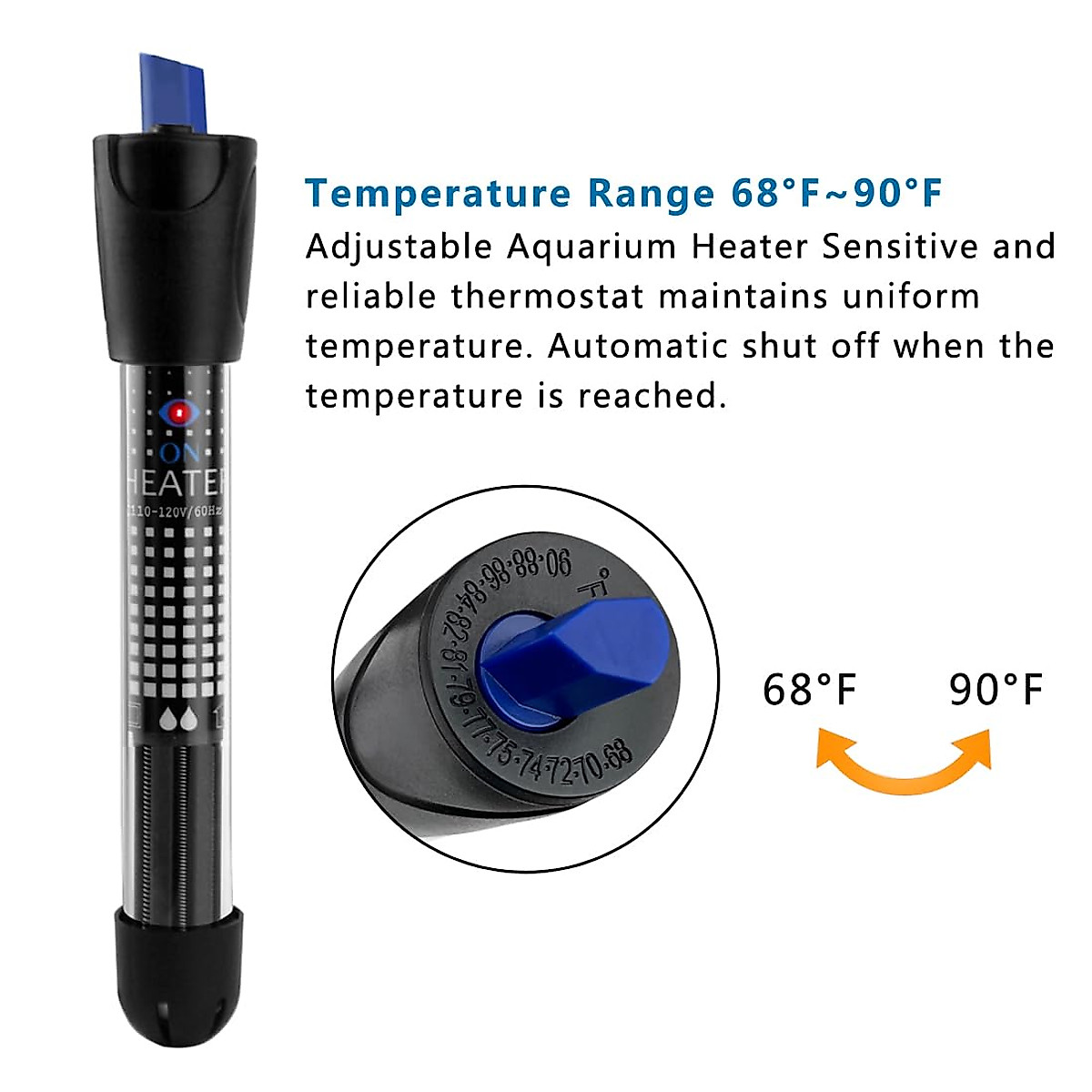 DOMICA 50W Adjustable Aquarium Heater, Submersible Water Heater for Small Fish Tank (8-16 gallons) with Free Thermometer Sticker