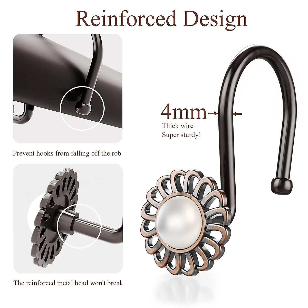 Oil Rubbed Bronze Shower Curtain Hooks, Decorative Sunflower Shower Curtain Rings for Bathroom Shower Curtain Rods and Liner,Metal Shower Hooks, Floral Pearl Shower Rings for Curtain Set of 12