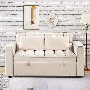 Verfur 3 in 1 Multi-Functional Futon Couch Pull Out Sleep, 2 Seater Convertible Loveseats Sofa with Adjustable Backrest,Comfy Upholstery Sofacama Sofabed, White 55.3" w/Cupholders and USB Charge Ports