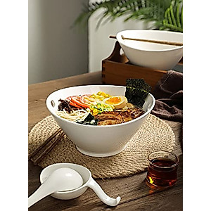 Sweese 148.201 Porcelain 35oz Ramen Bowl Set of 2 with Chopsticks & Spoons & Dipping Dishes, Large Bowls for Udon/Soba/Pho/Noodles/Ramen/Salad/Soup - White, Unique Design
